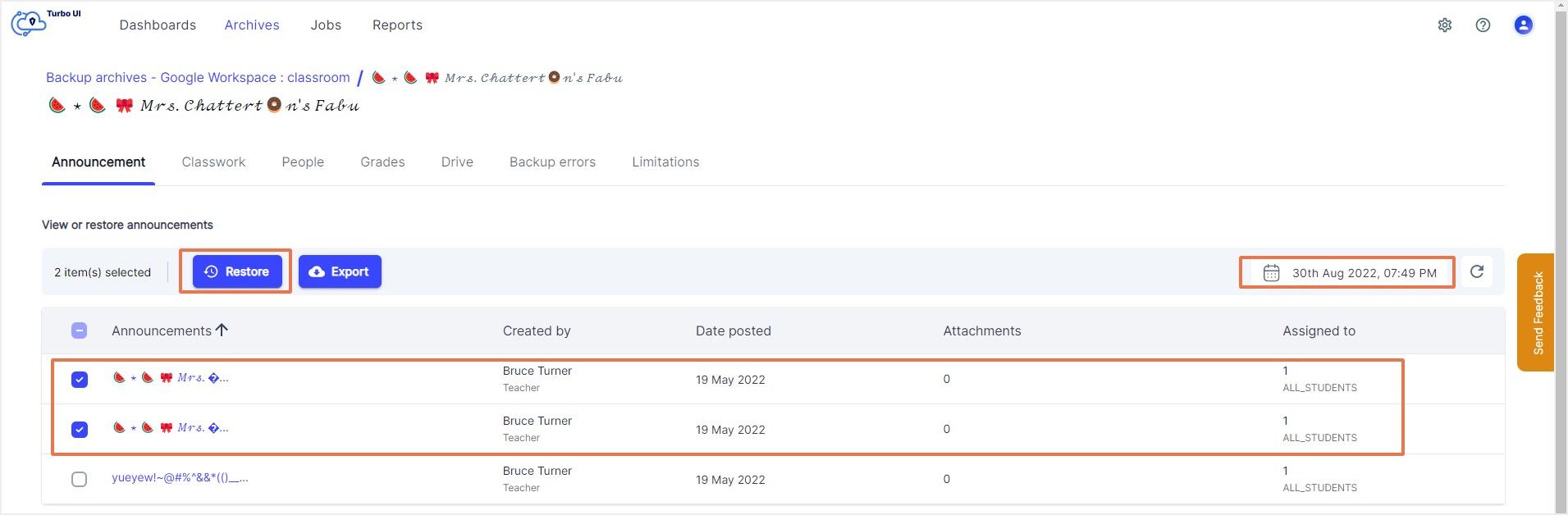 How to restore Google Classroom Announcement data from the SysCloud application?